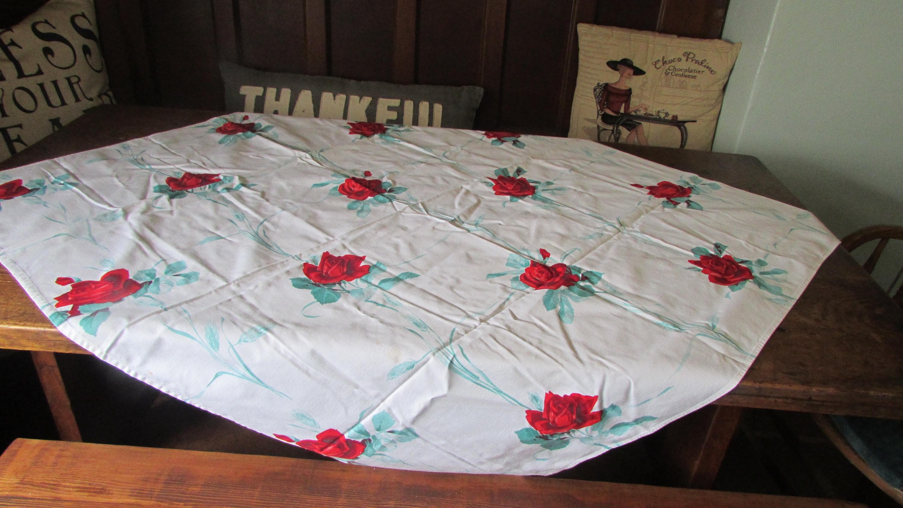 Vintage Red Roses Table Cloth Tablecloth Red and White Table Cloth Mid ...