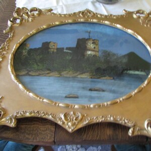 Victorian Reverse Painting of Castle Vintage Art Work Gold Carved Frame ...