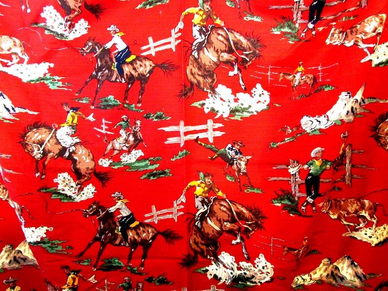 Vintage Barkcloth Cowboy Bucking Broncos in Red Moda Roundup Retro ...