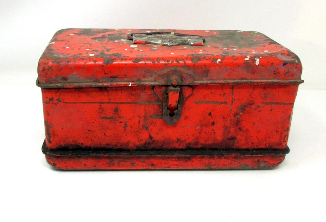 Vintage Red Painted Metal Tool Box With Tons of Character Cute Small ...