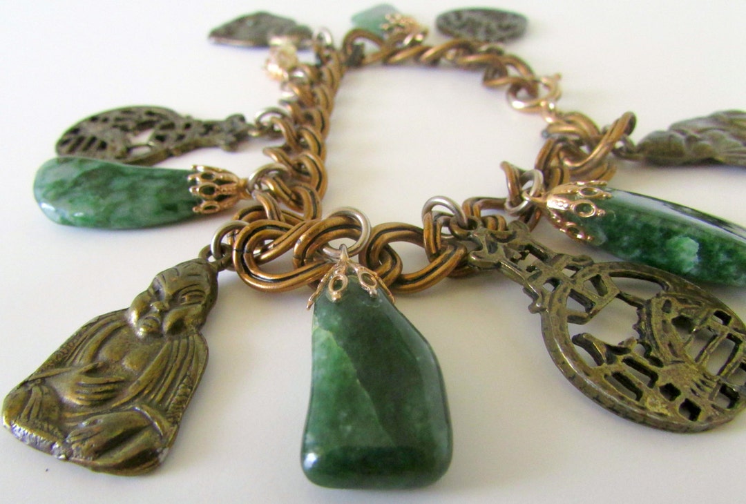 Vintage Charm Bracelet Buddha and Jade Agates Asian Art Charm 10 Charms ...