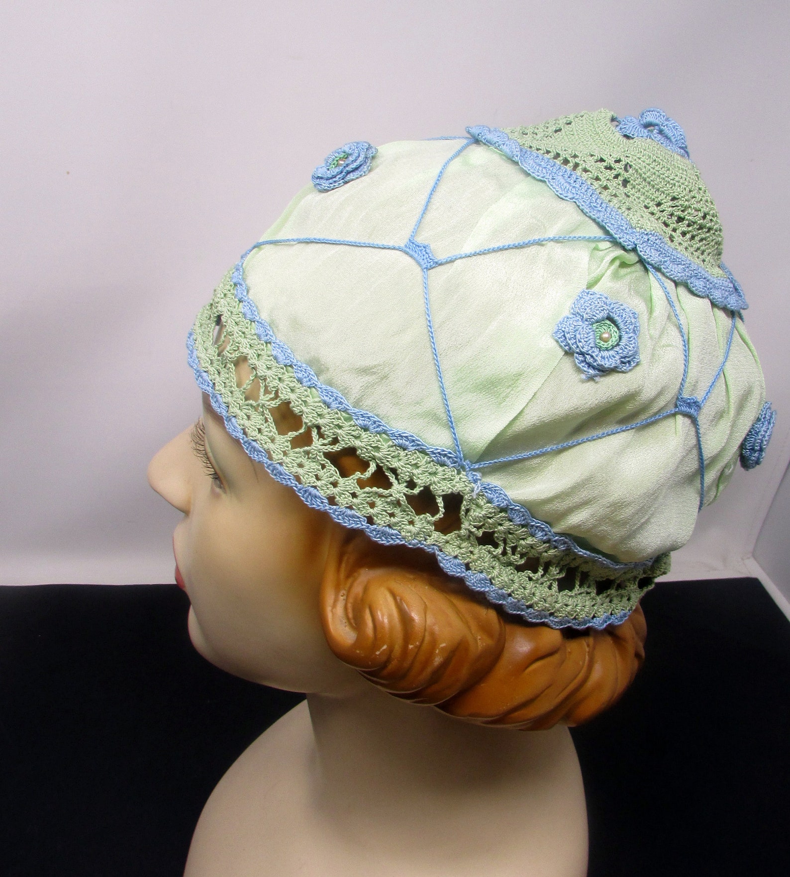 Vintage Flapper Night Cap Cloche Cap Hat 1920s Hat Green Satin | Etsy