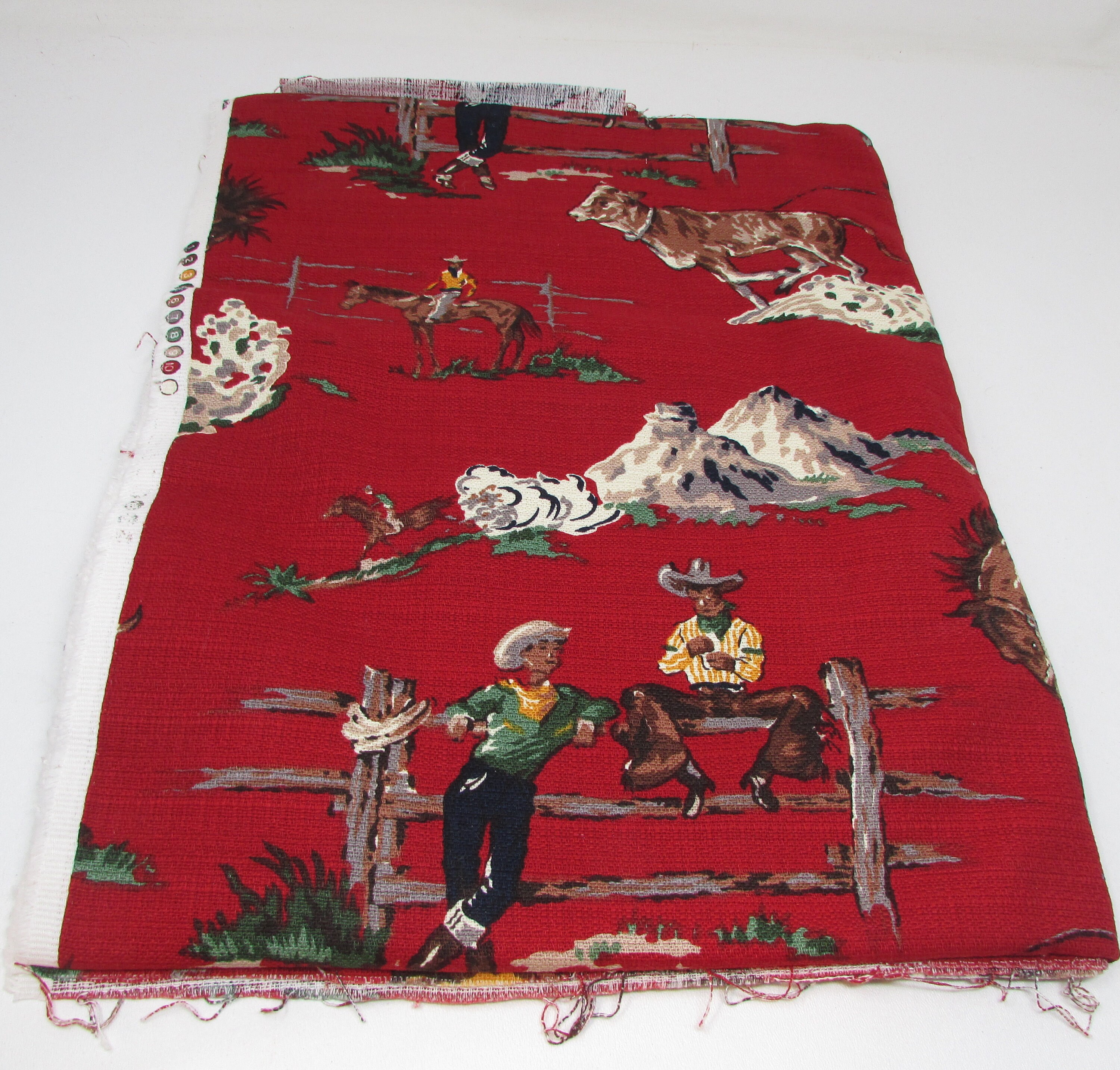 Vintage Barkcloth Cowboy Bucking Broncos in Red Moda Roundup Retro ...