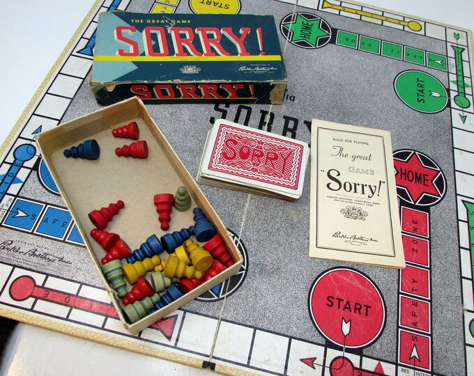 Vintage Board Game - 1950s Sorry Game Board, Pieces, Instructions ...