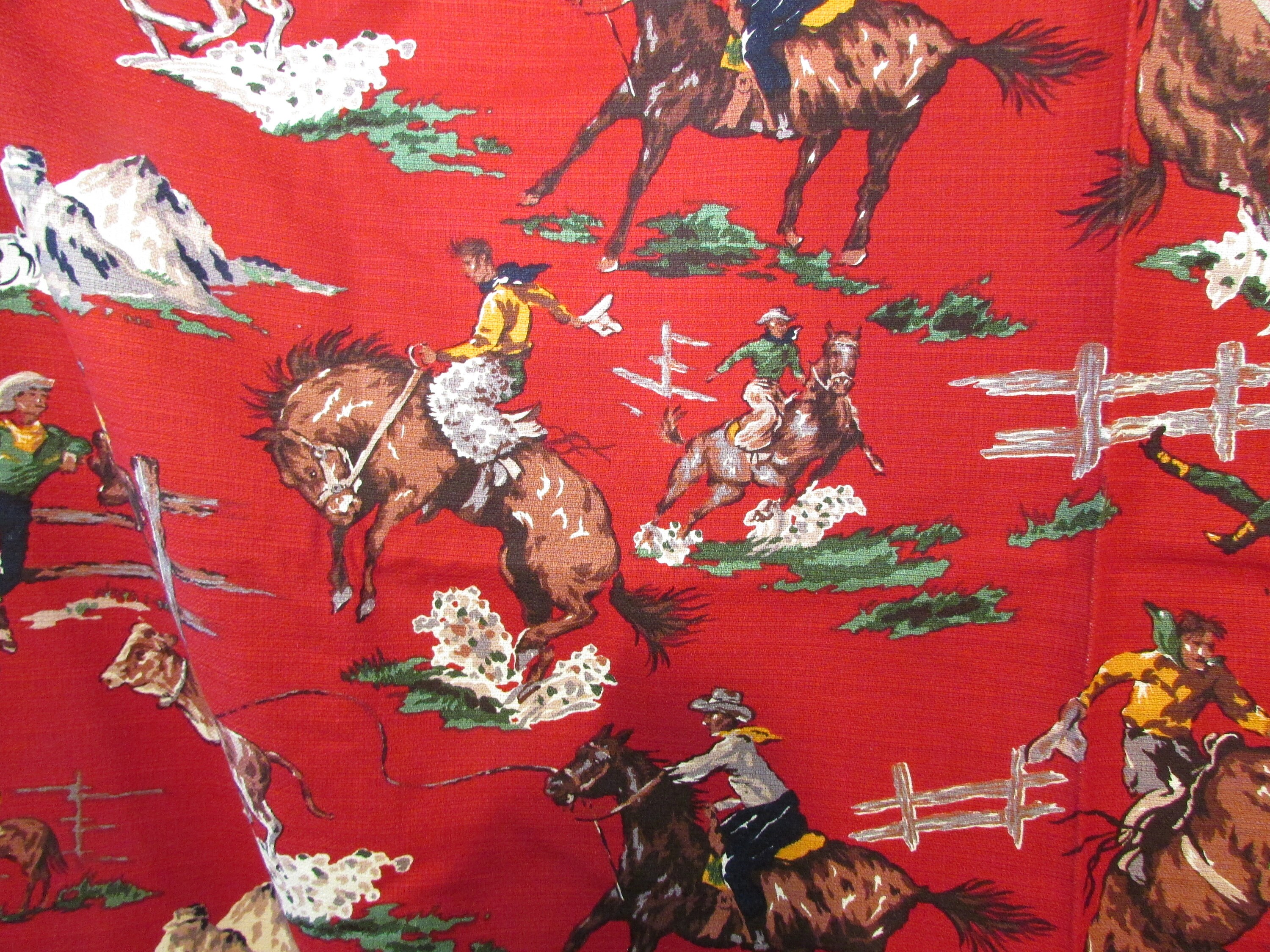 Vintage Barkcloth Cowboy Bucking Broncos in Red Moda Roundup Retro ...