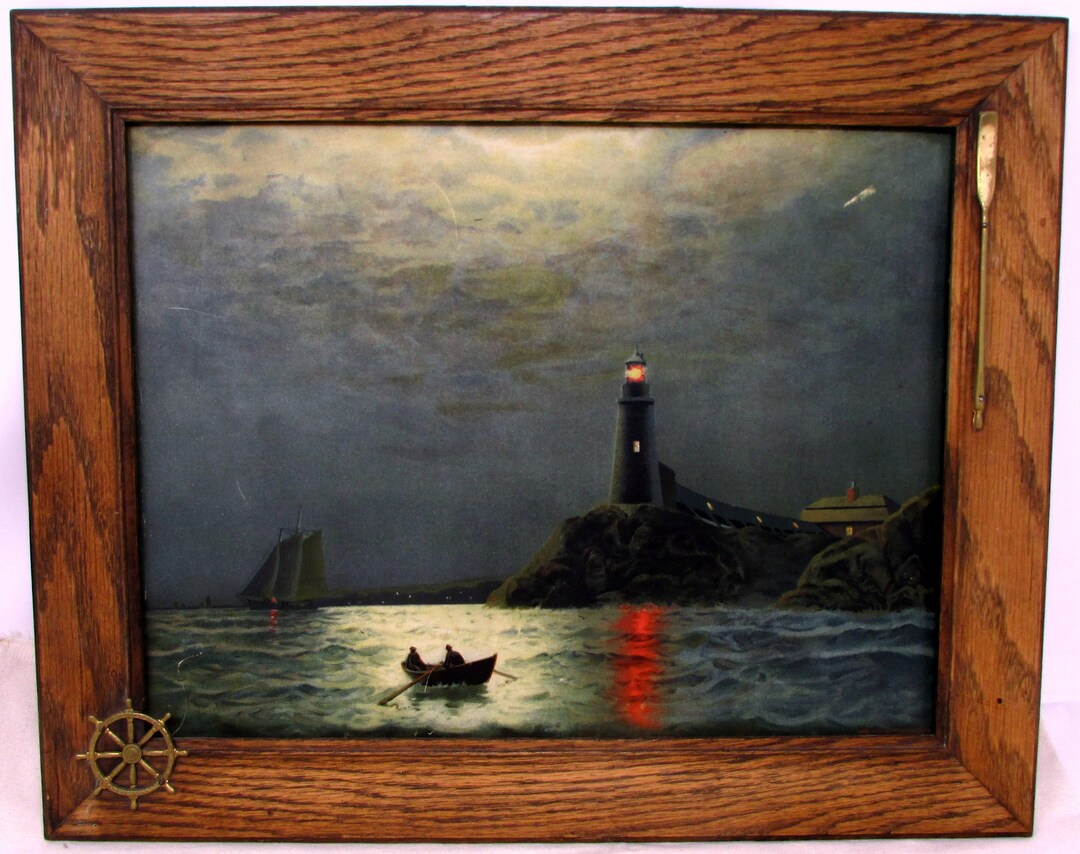 Vintage Lighthouse Print Framed Oak Frame Ships Wheel and Oar by Taber ...
