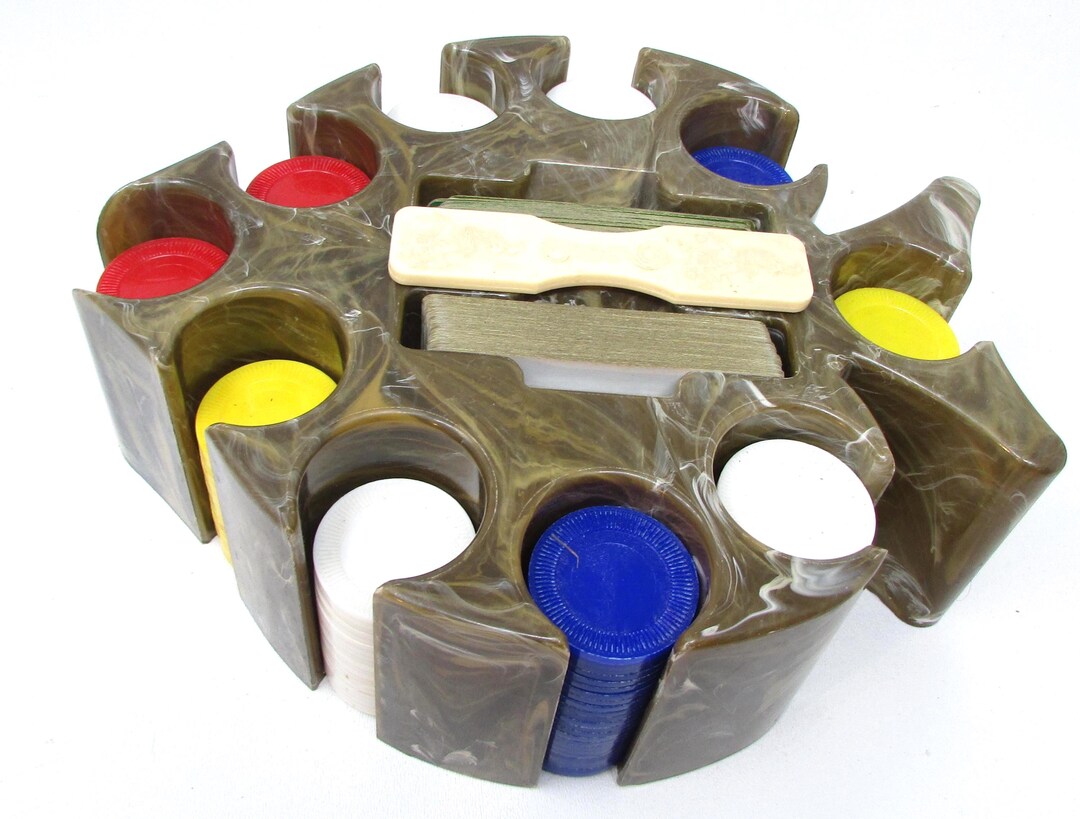 Vintage Spade Shaped Poker Caddy With Chips Playing Cards, Vintage ...