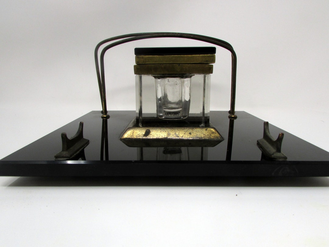 Vintage Inkwell Black Glass Lead Crystal Brass Inkwell Stand With Pen ...
