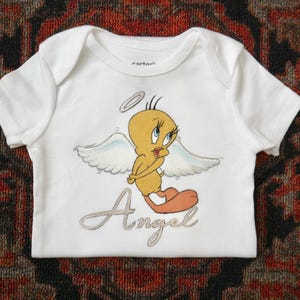 Hand Painted Tweety Bird Onesie: Angel Wings, 6 Month Baby Bodysuit ...