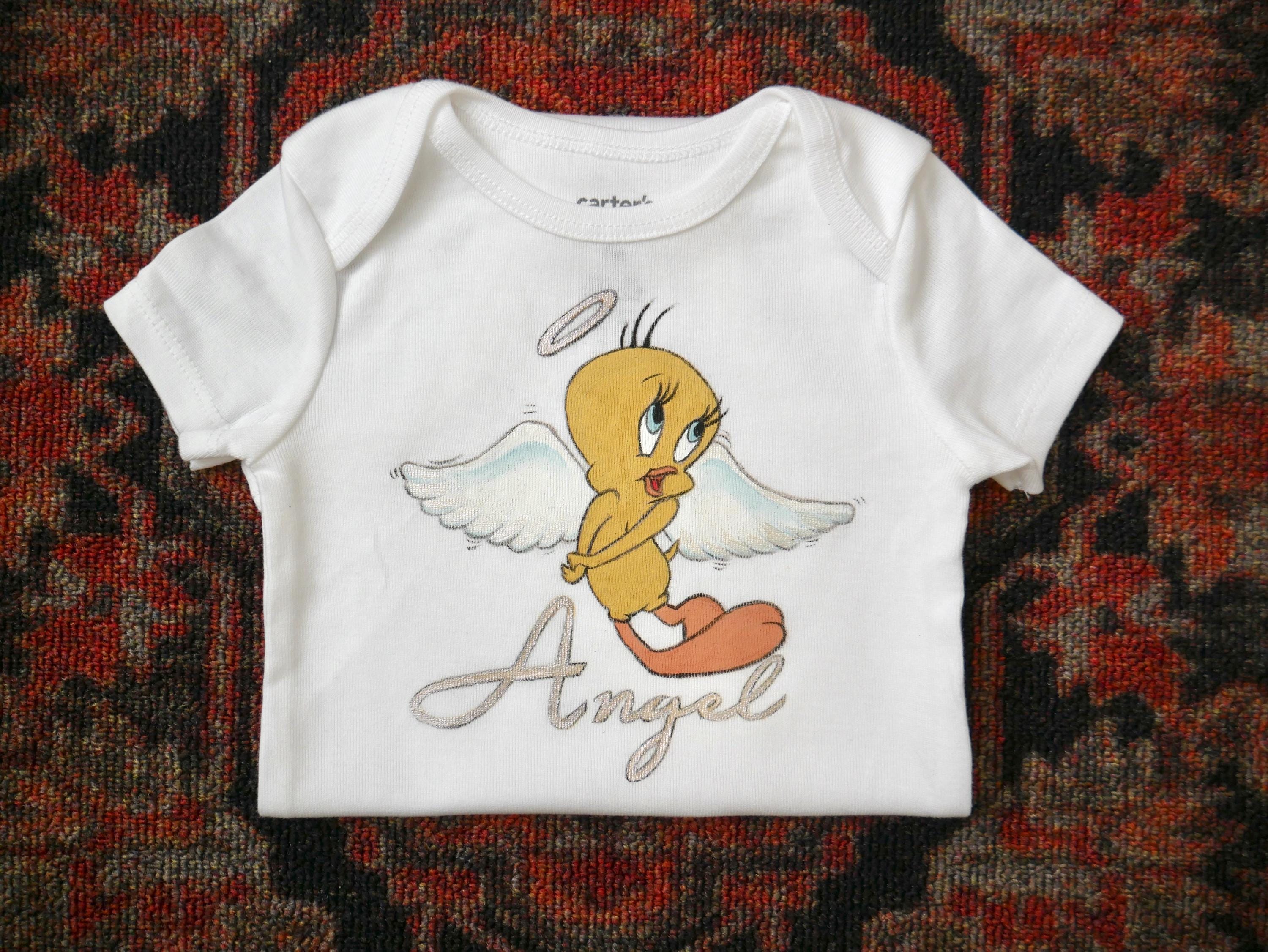 Hand Painted Tweety Bird Onesie: Angel Wings, 6 Month Baby Bodysuit ...