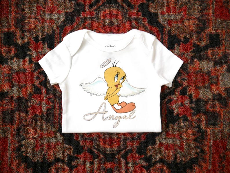 Hand Painted Tweety Bird Onesie: Angel Wings, 6 Month Baby Bodysuit ...