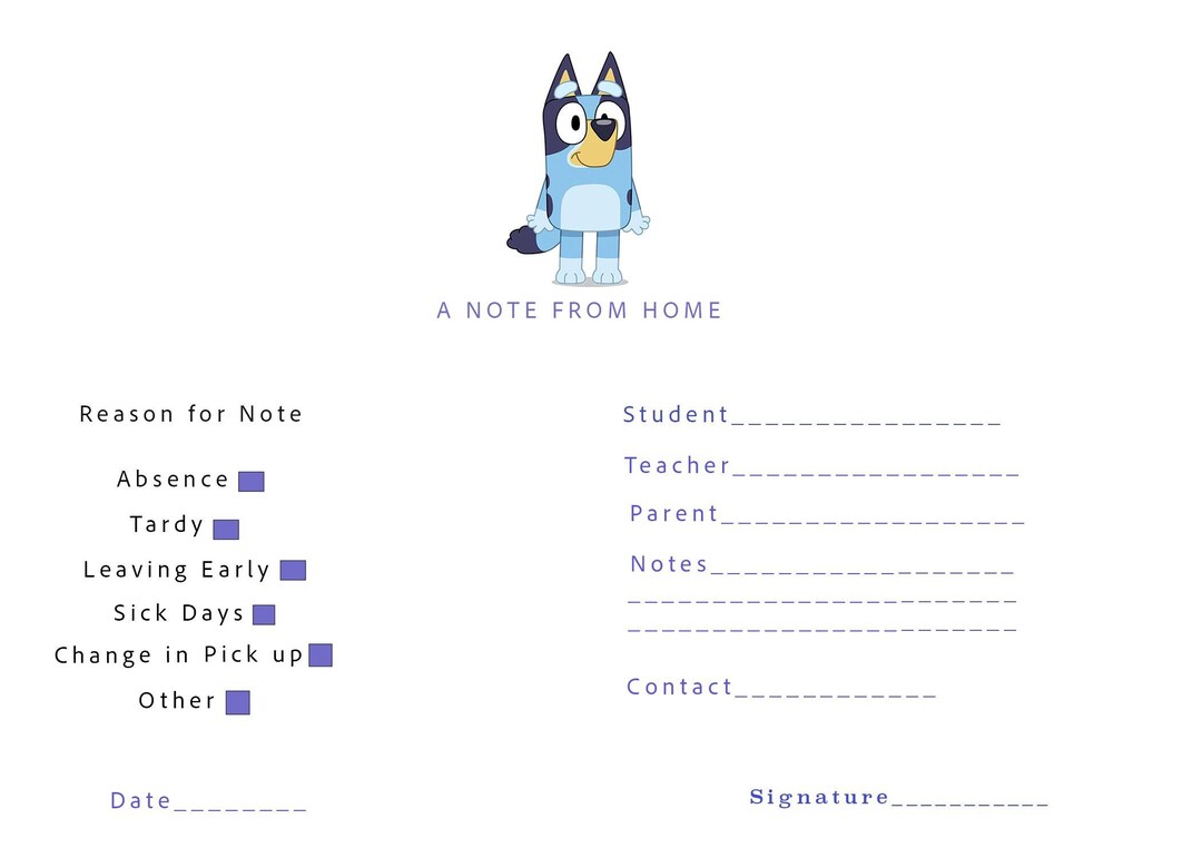 Bluey Sick Note School - Etsy