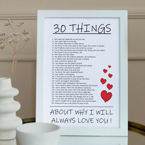 Personalized "30 Things I Love About You" Digital Art,custom Unique ...