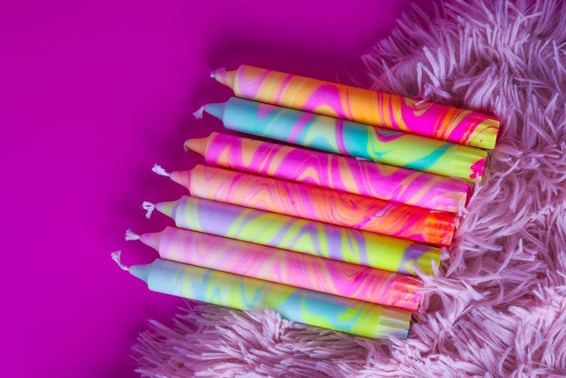 Handmade Neon Swirl Taper Candles: Marbled Stearin Wax, Set of 3 - Etsy