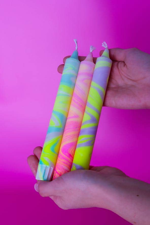 Handmade Neon Swirl Taper Candles, Stearin Wax Candles, Vibrant Marbled ...