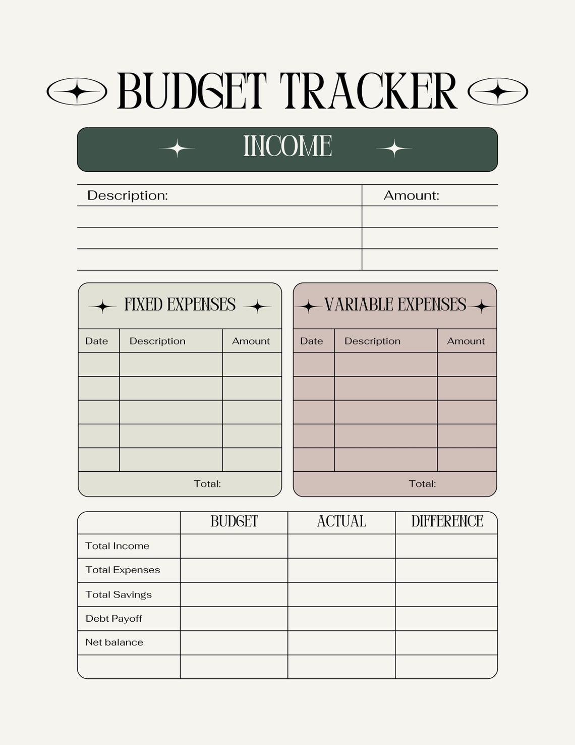 Printable Budget Tracker: Income, Fixed Expenses, Variable Expenses ...