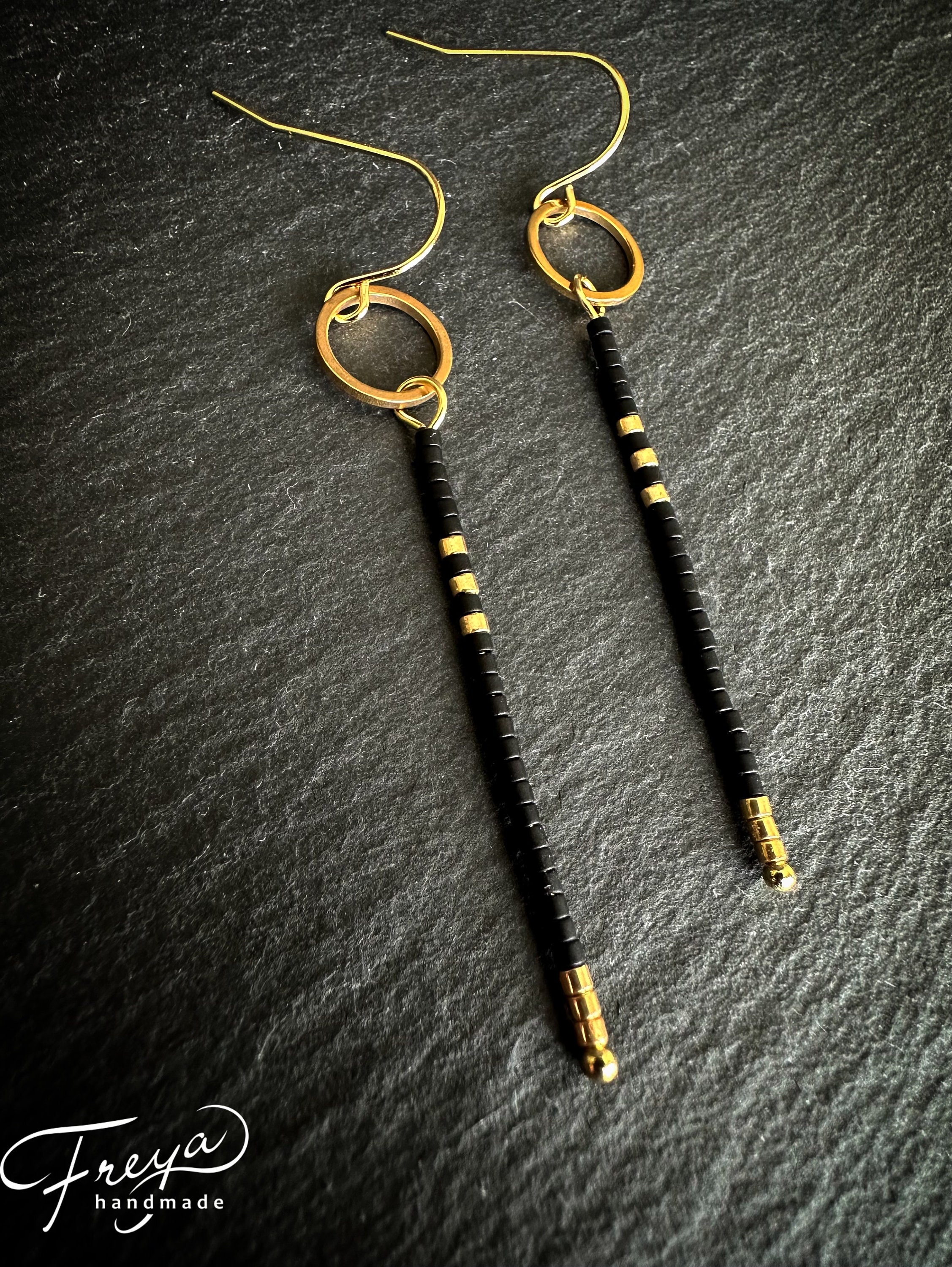 Minimalist Modern Seed Bead Earrings, Black and Gold Beaded Stick ...