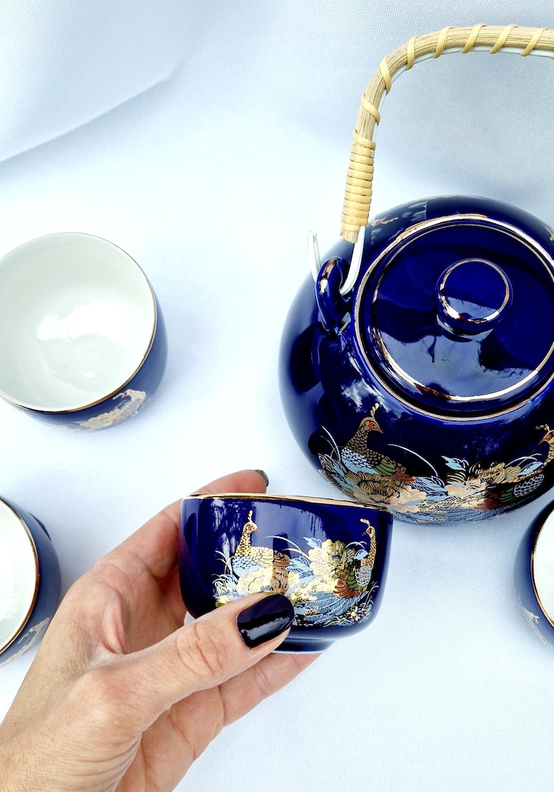 Vintage Beautiful Cobalt Blue Japanese Tea Set Pheasant Theme - Etsy