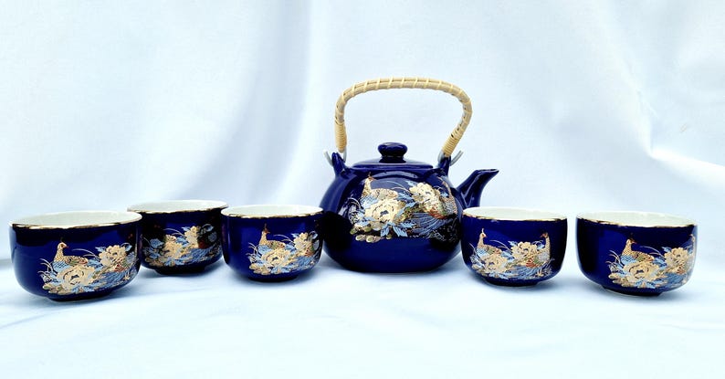 Vintage Beautiful Cobalt Blue Japanese Tea Set Pheasant Theme - Etsy