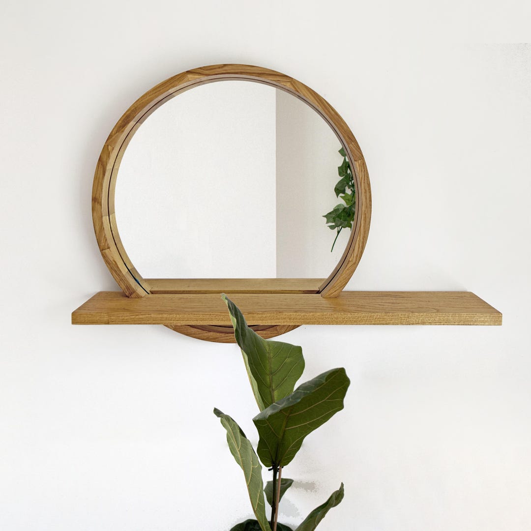 Round Wood Bathroom Vanity Mirror With Shelf | Oak Walnut Ash Frame ...