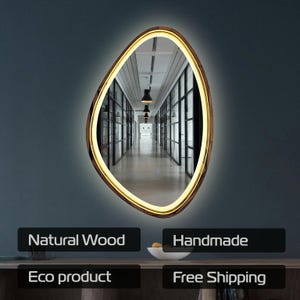 Wooden Irregular LED Mirror, Unique Mirror, Aesthetic Mirror, Home Wall ...