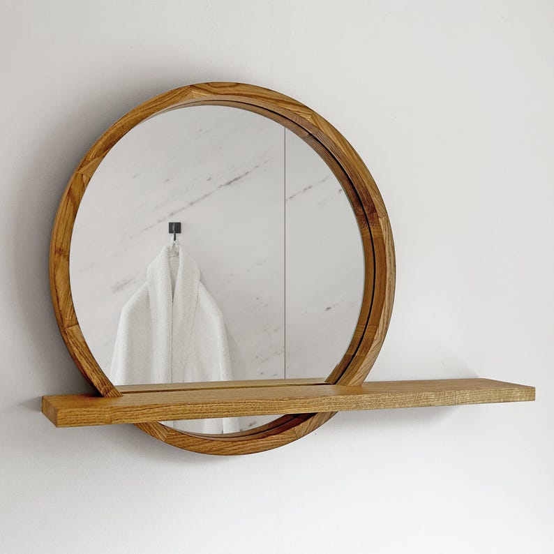 Wooden Mirror With Shelf, Round Wall Mirror for Bathroom or Entryway ...