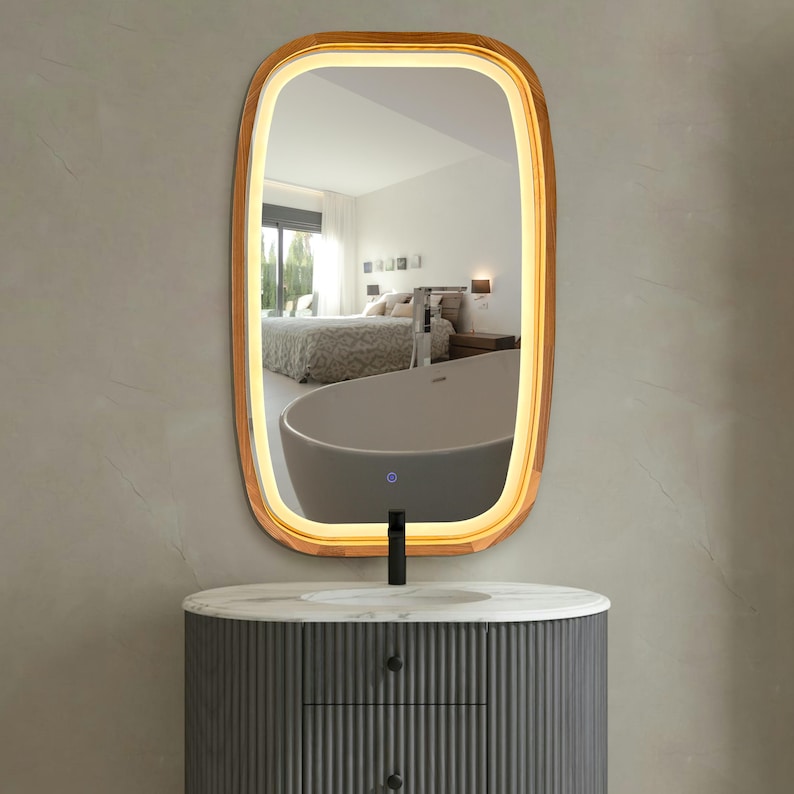 Organic Rounded Rectangle LED Mirror, Solid Wood Frame, Warm Backlit ...