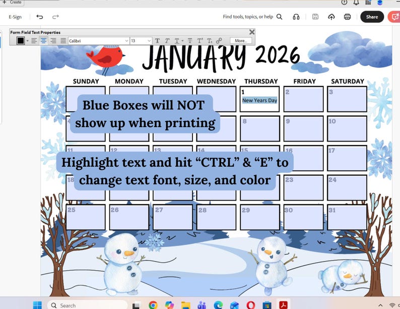 Winter Wonderland Calendar 2026, Printable January Calendar (editable ...
