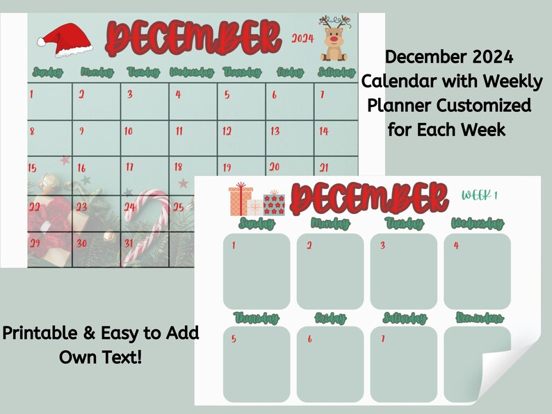 December 2024 Calendar, December 2024 Weekly Planner, Christmas Themed ...