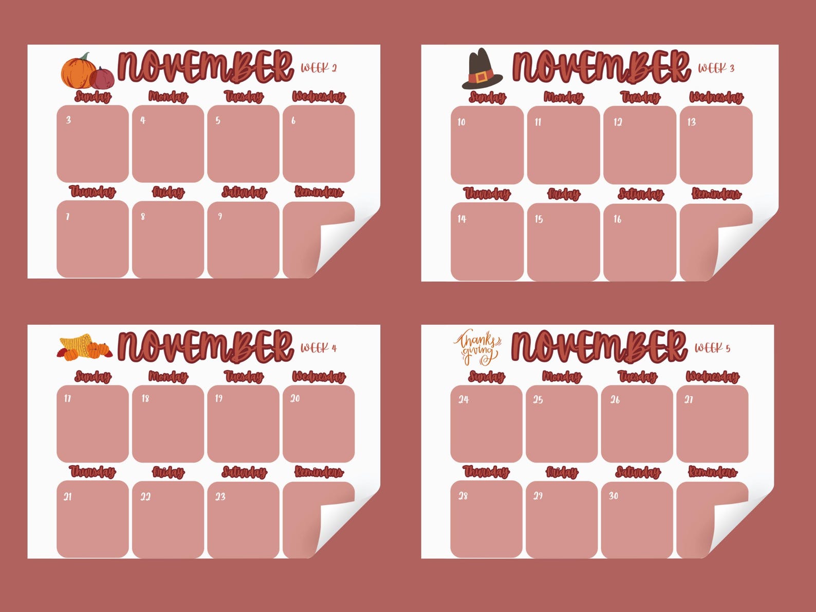 November 2024 Calendar, November 2024 Weekly Planner, Thanksgiving ...