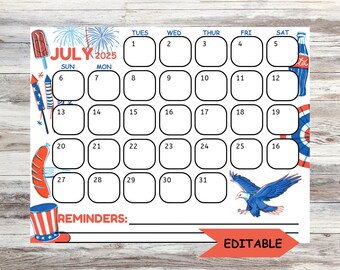 Editable July 2025 Calendar, Fourth of July Calendar, Printable ...