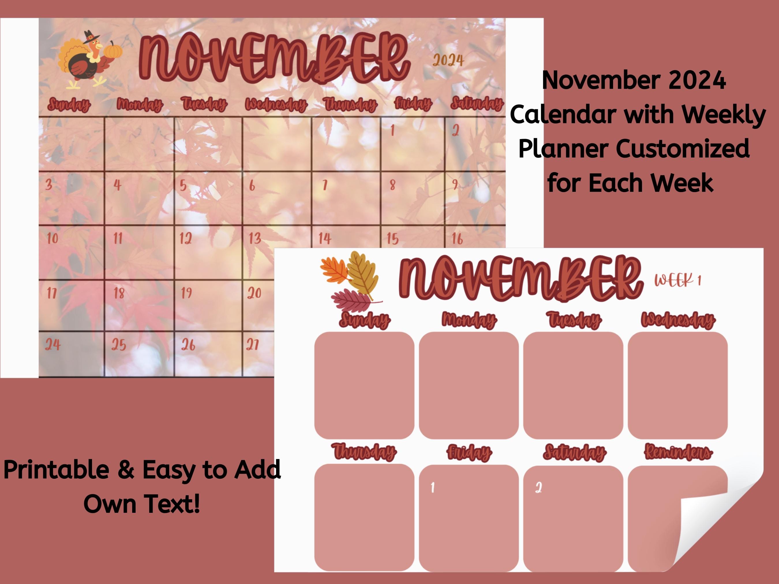 November 2024 Calendar, November 2024 Weekly Planner, Thanksgiving ...