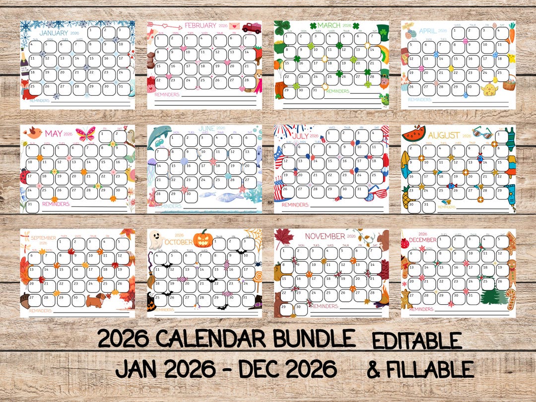 Editable 2026 Monthly Calendar Bundle, Home and Office Printable ...