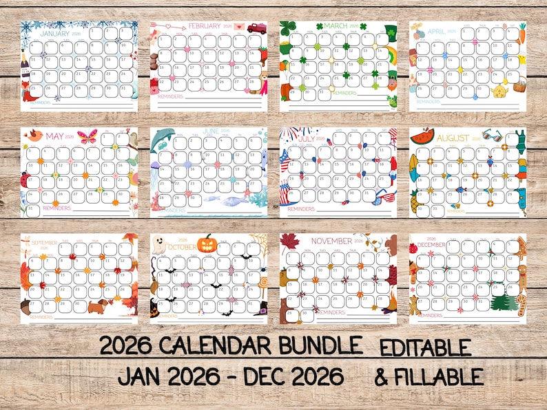 Editable 2026 Monthly Calendar Bundle, Home and Office Printable ...