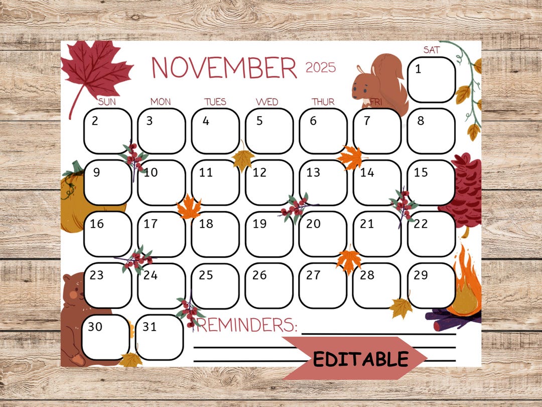 Calendario de noviembre de 2025 editable, calendario de campamento de ...