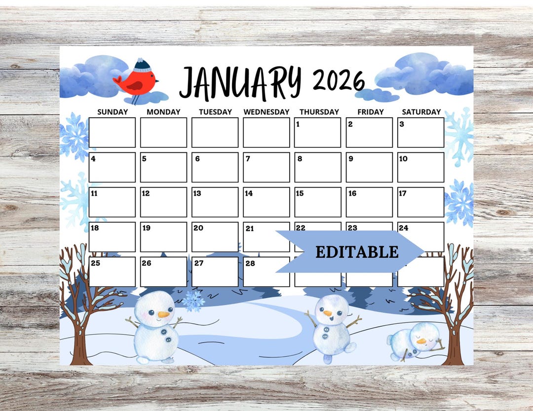 Winter Wonderland Calendar 2026, Printable January Calendar (editable ...