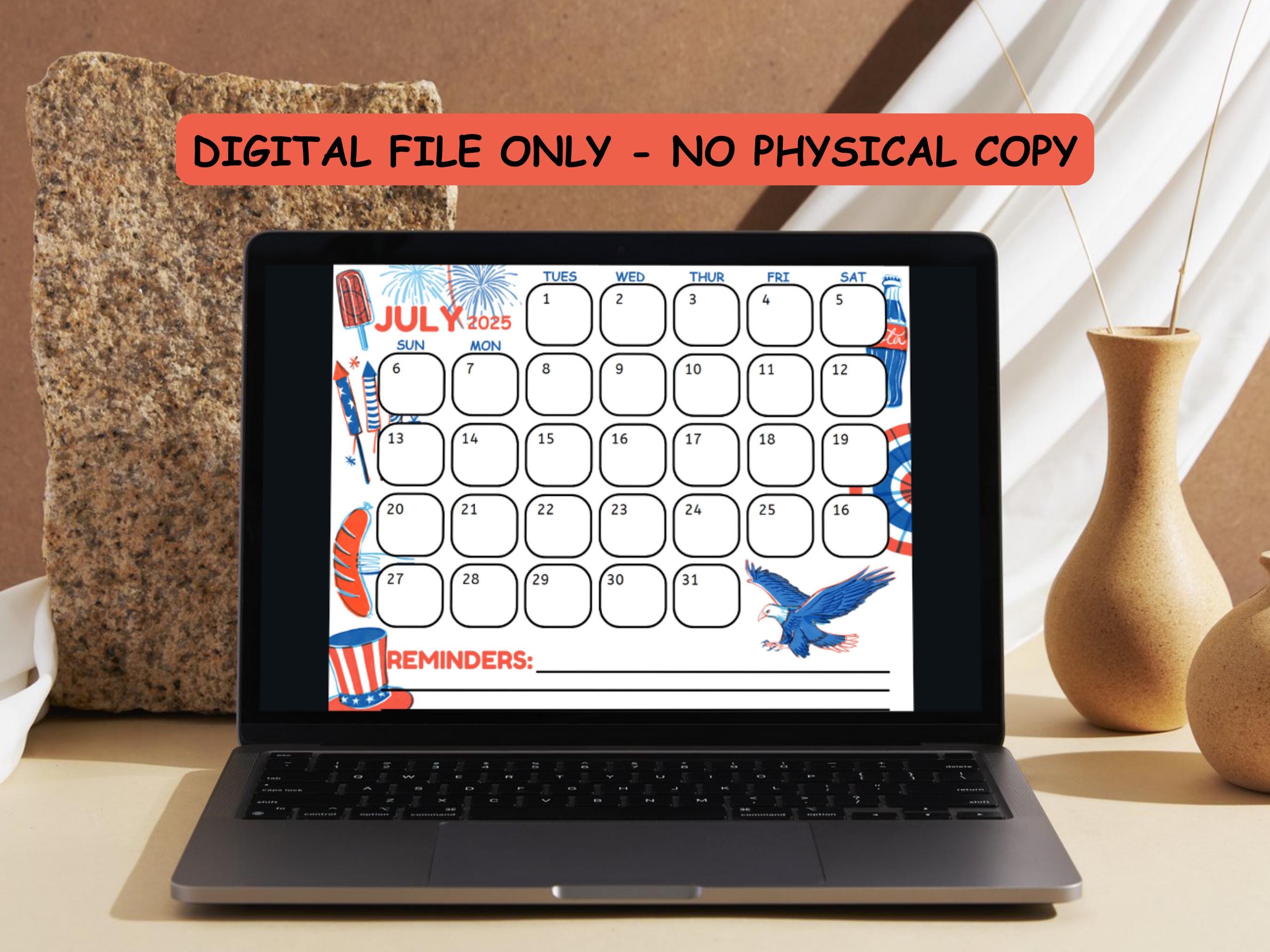 Editable July 2025 Calendar, Fourth of July Calendar, Printable ...