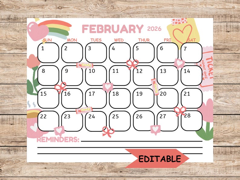 February Calendar 2026 Editable:light Pink Valentines Monthly Planner ...