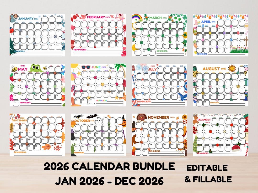 2026 Monthly Calendar Bundle Editable, Holiday Calendars for Year ...