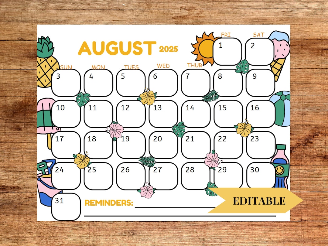 2025 August Calendar: Summer Printable Planner (editable PDF) - Etsy