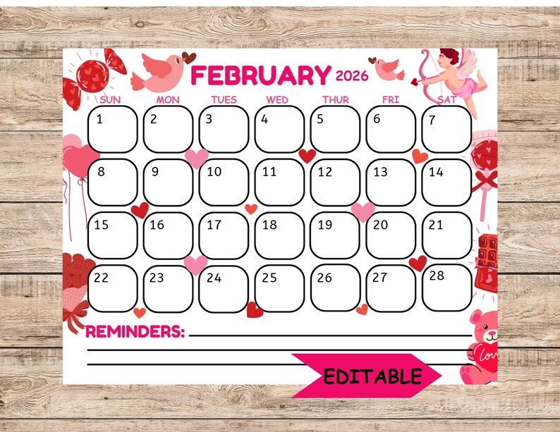 February 2026 Editable Calendar: Valentines Day, Red and Pink Themed ...