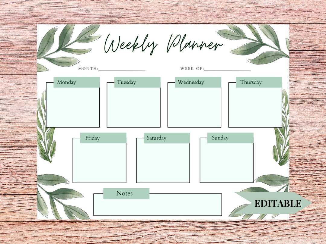 Weekly Planner Printable, Editable & Printable Weekly Organizer, Green ...