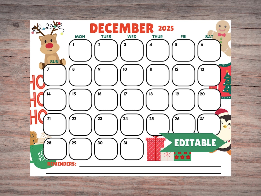 Editable Christmas Calendar 2025: December Monthly Planner Printable ...