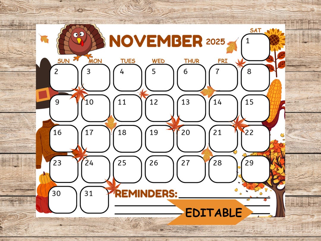November 2025 Calendar Printable: Thanksgiving Theme Planner for Kids ...