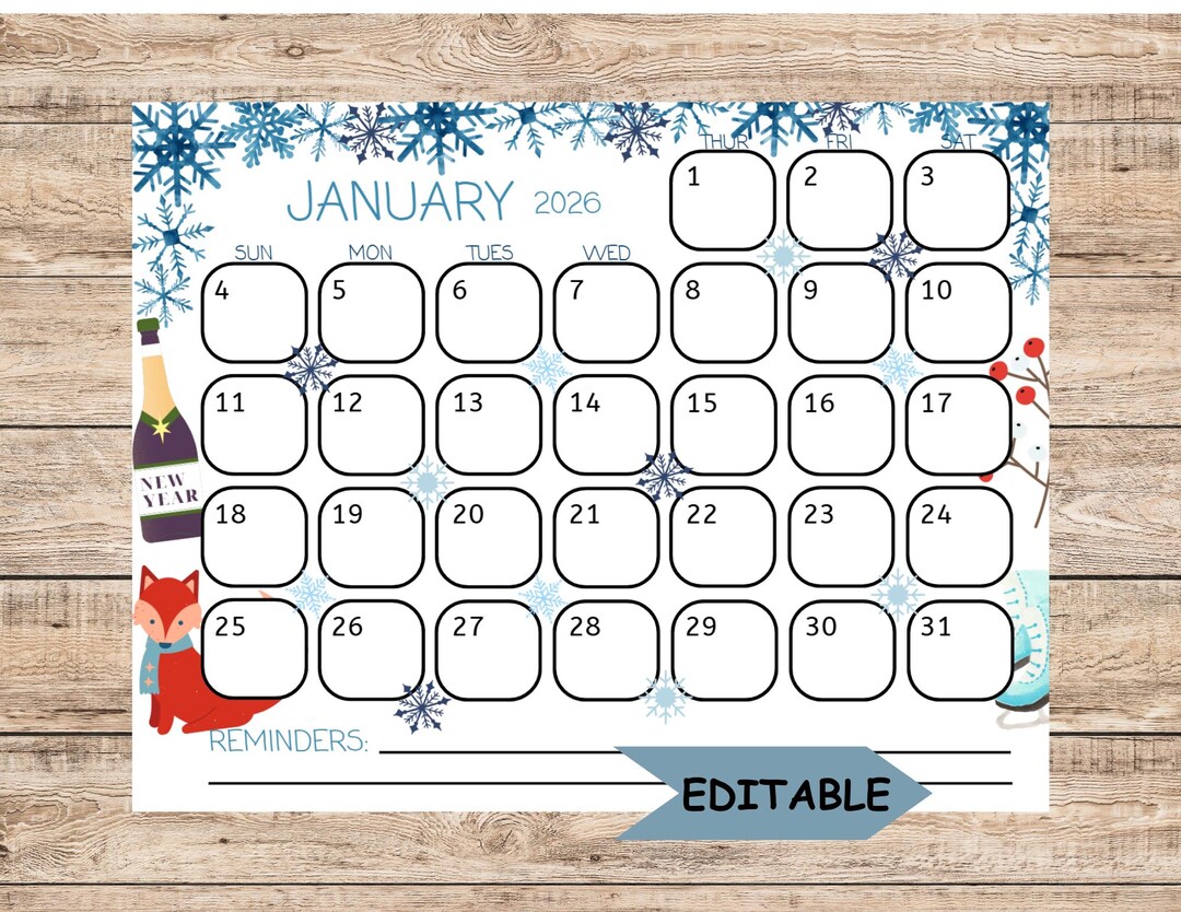 January Calendar 2026 Editable: Winter Themed Monthly Planner Printable ...