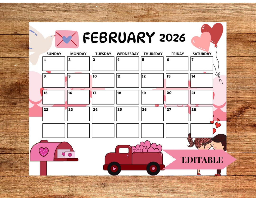 February 2026 Calendar Printable: Editable Pink and Red Valentines Day ...