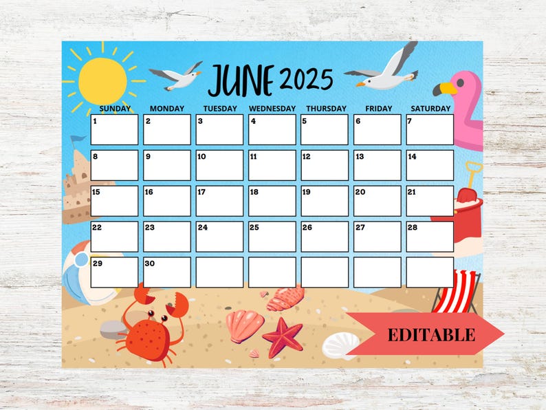2025 June Calendar, Beach Theme Calendar, Printable Calendar Template ...