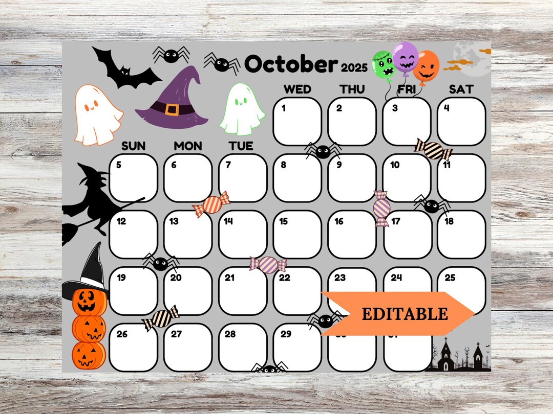 2025 October Calendar Editable, Halloween Calendar, Printable Calendar ...