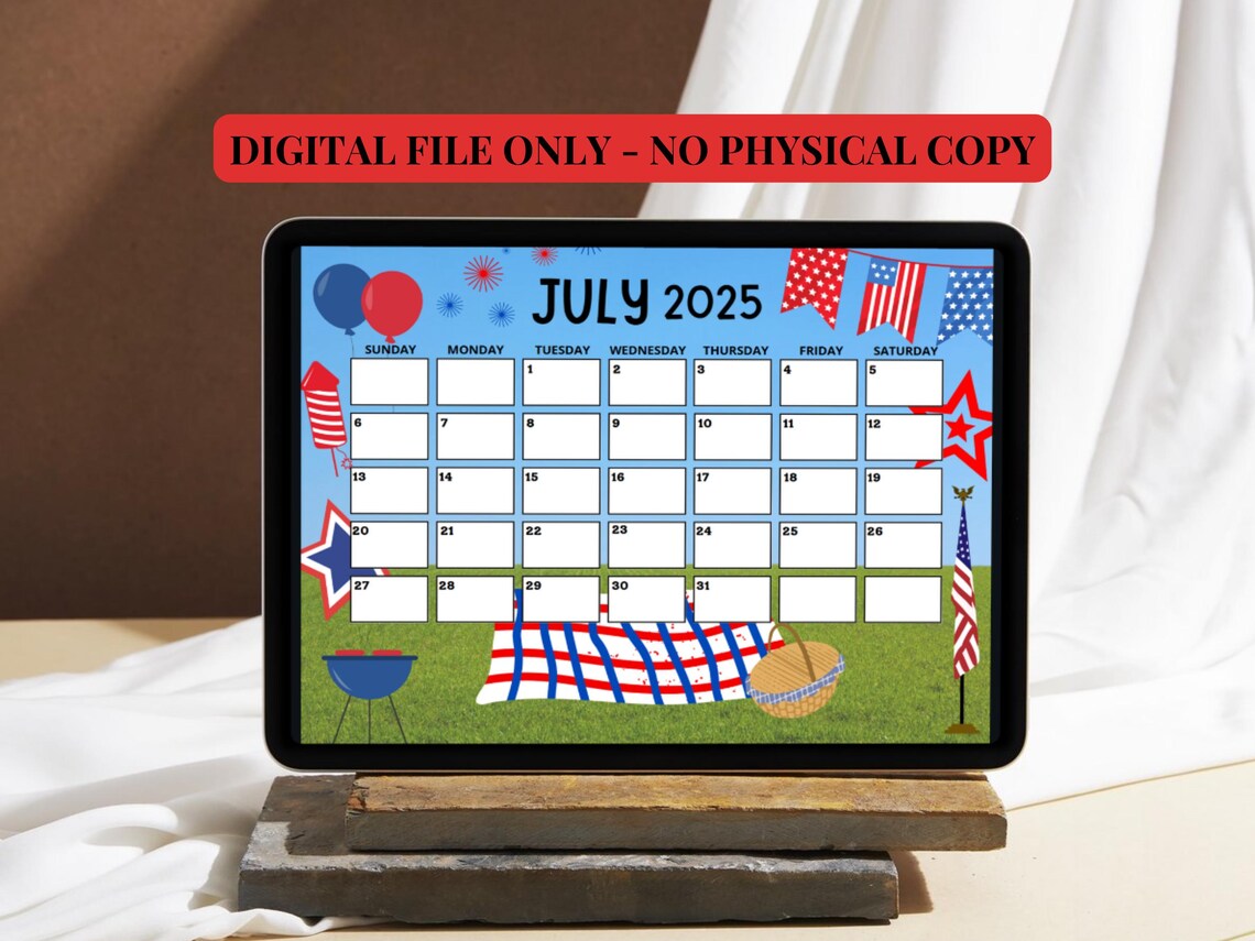 2025 July Calendar, 4th of July Calendar, Printable Calendar, Printable ...