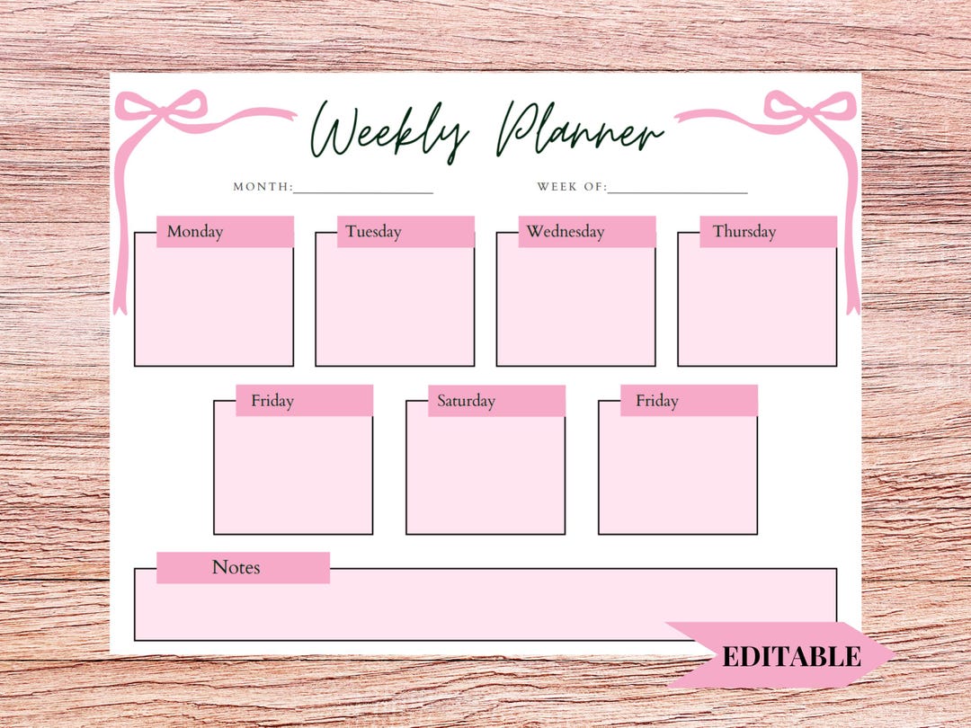 Printable & Editable Weekly Planner, Pink Bow Weekly Planner Template ...